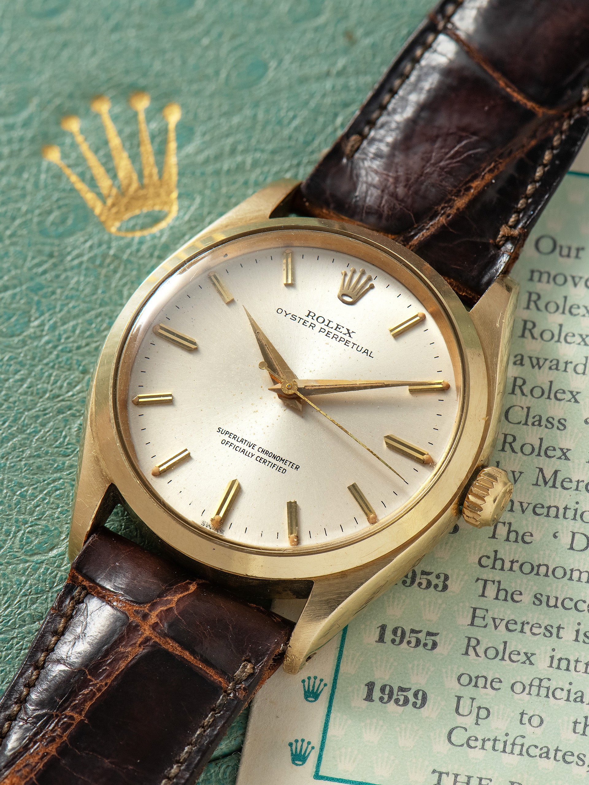 1960 Rolex Oyster-Perpetual 14k YG (Ref. 1002) Silver Dial W/ Box & Pa