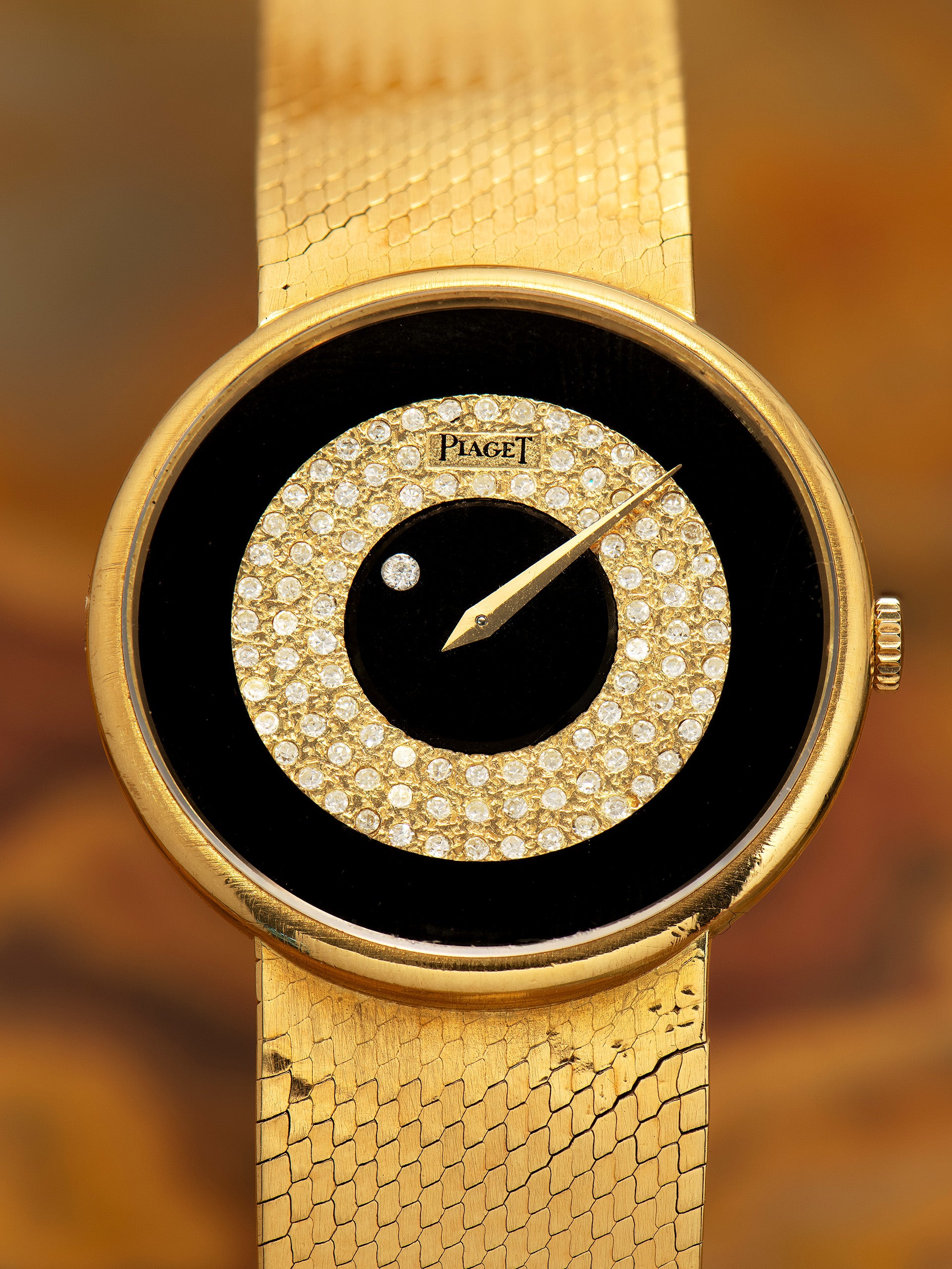 1970s Piaget Cocktail Watch 18K YG (Ref. 9025 B2) Onyx Stone & Pave Di