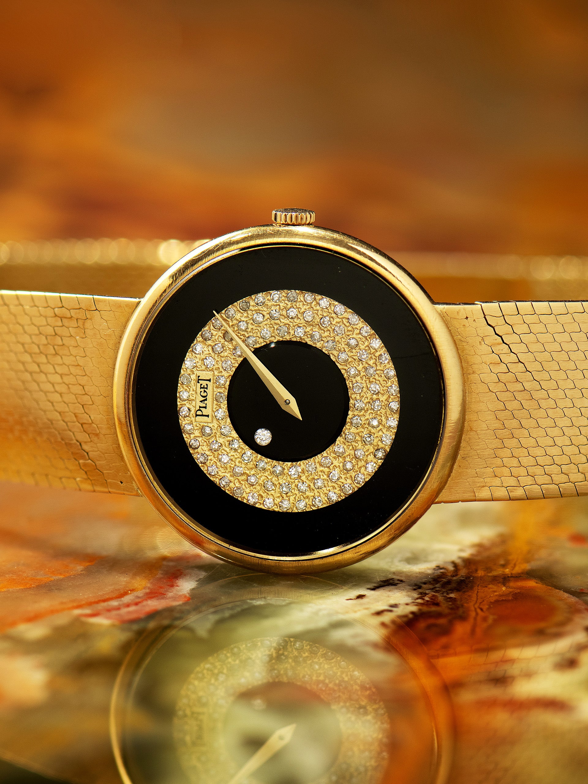 1970s Piaget Cocktail Watch 18K YG (Ref. 9025 B2) Onyx Stone & Pave Di
