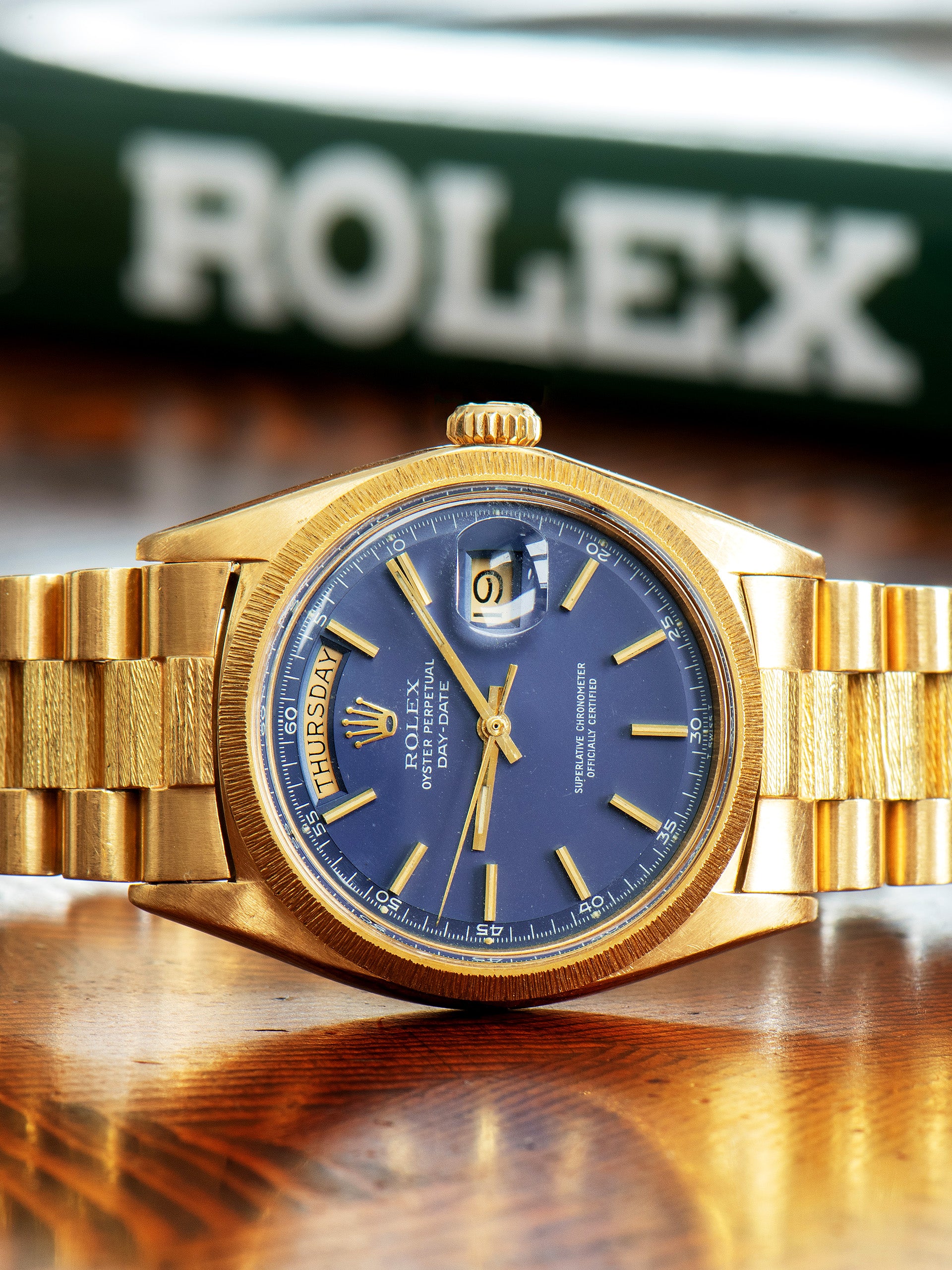 1972 Rolex Day-Date 18K YG "Bark" (Ref. 1807) Matte Blue "Minute Track