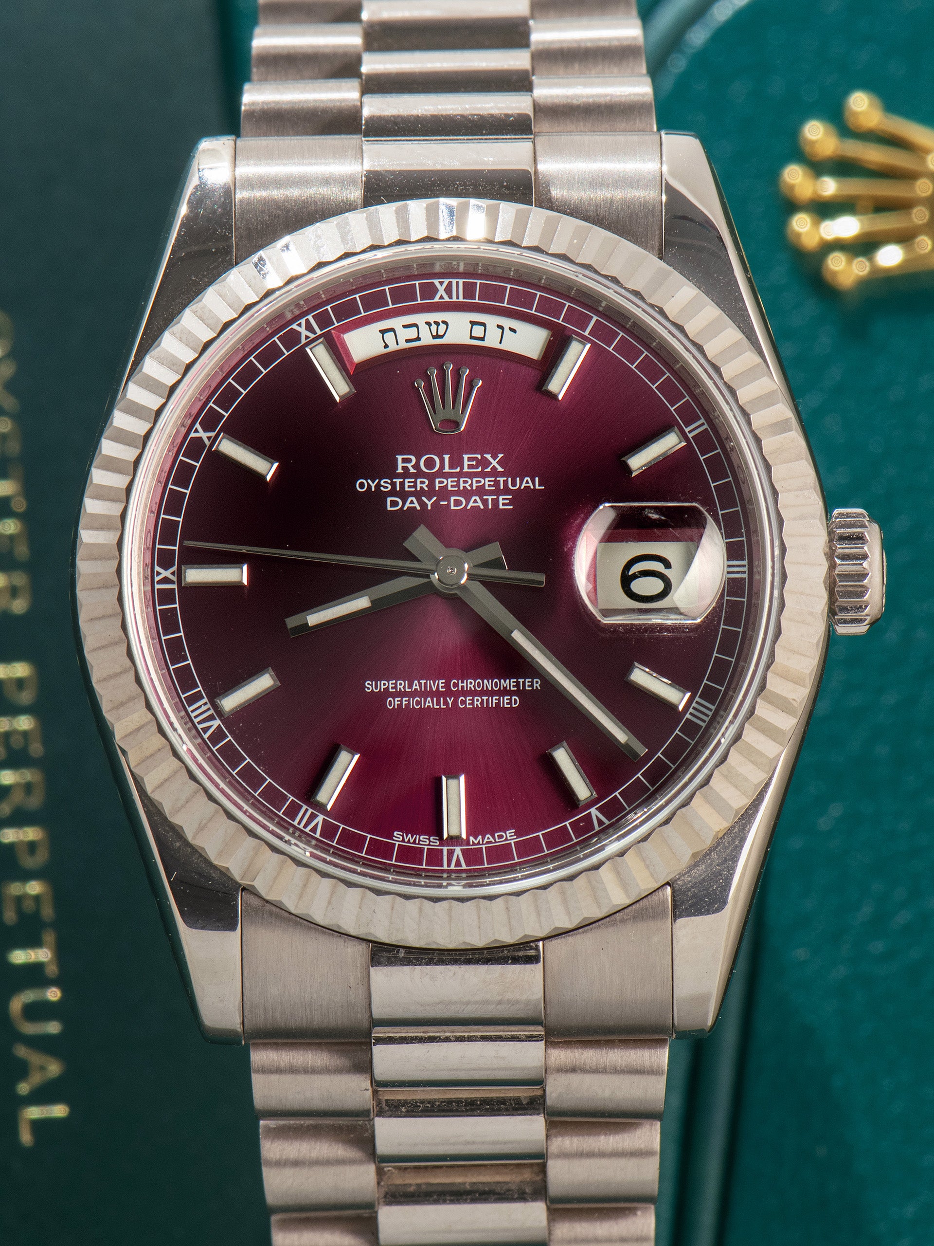 2007 Rolex Day-Date 18K WG (Ref. 118239) Cherry Dial W/ Hebrew Day Whe