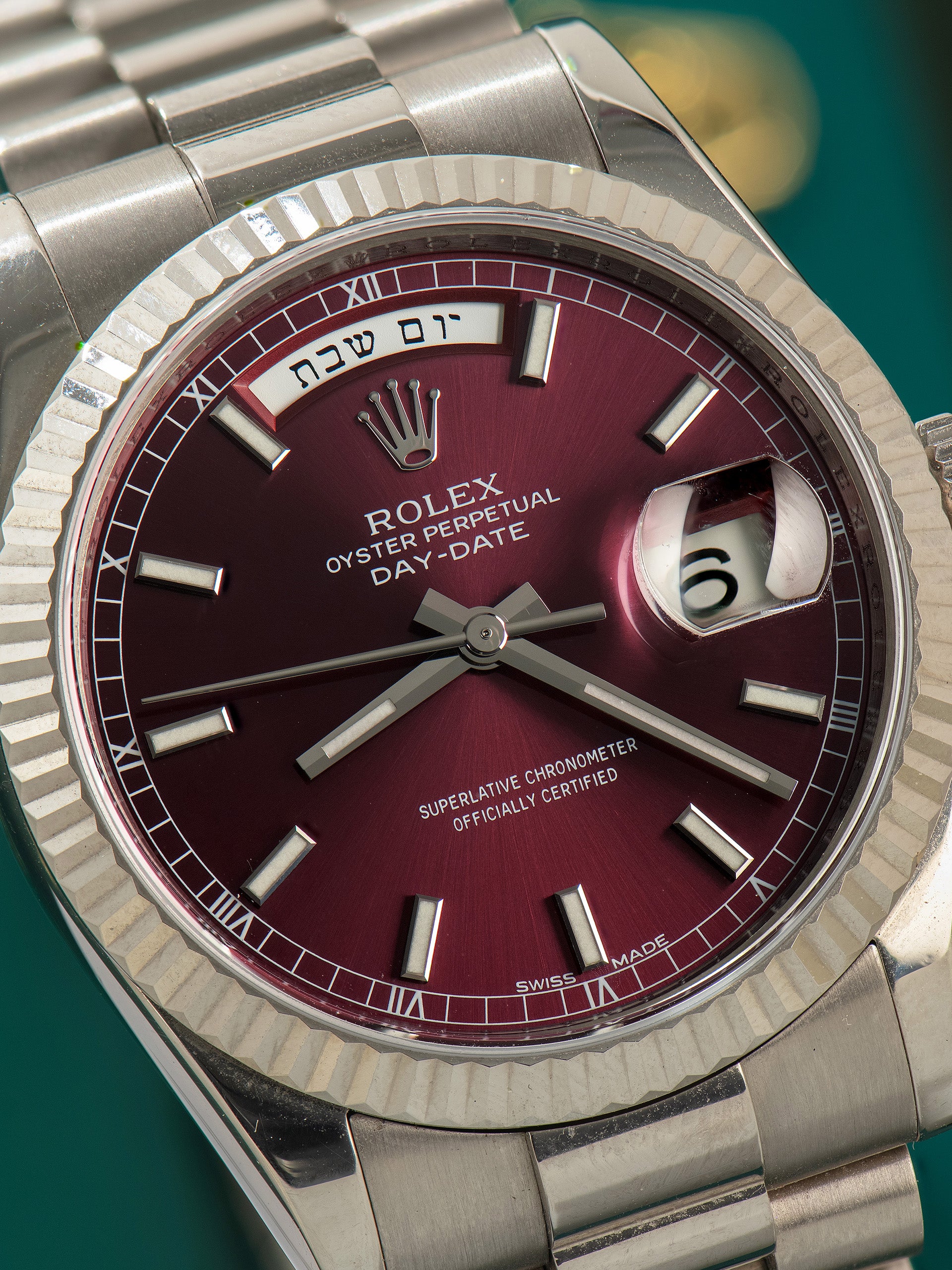 2007 Rolex Day-Date 18K WG (Ref. 118239) Cherry Dial W/ Hebrew Day Whe