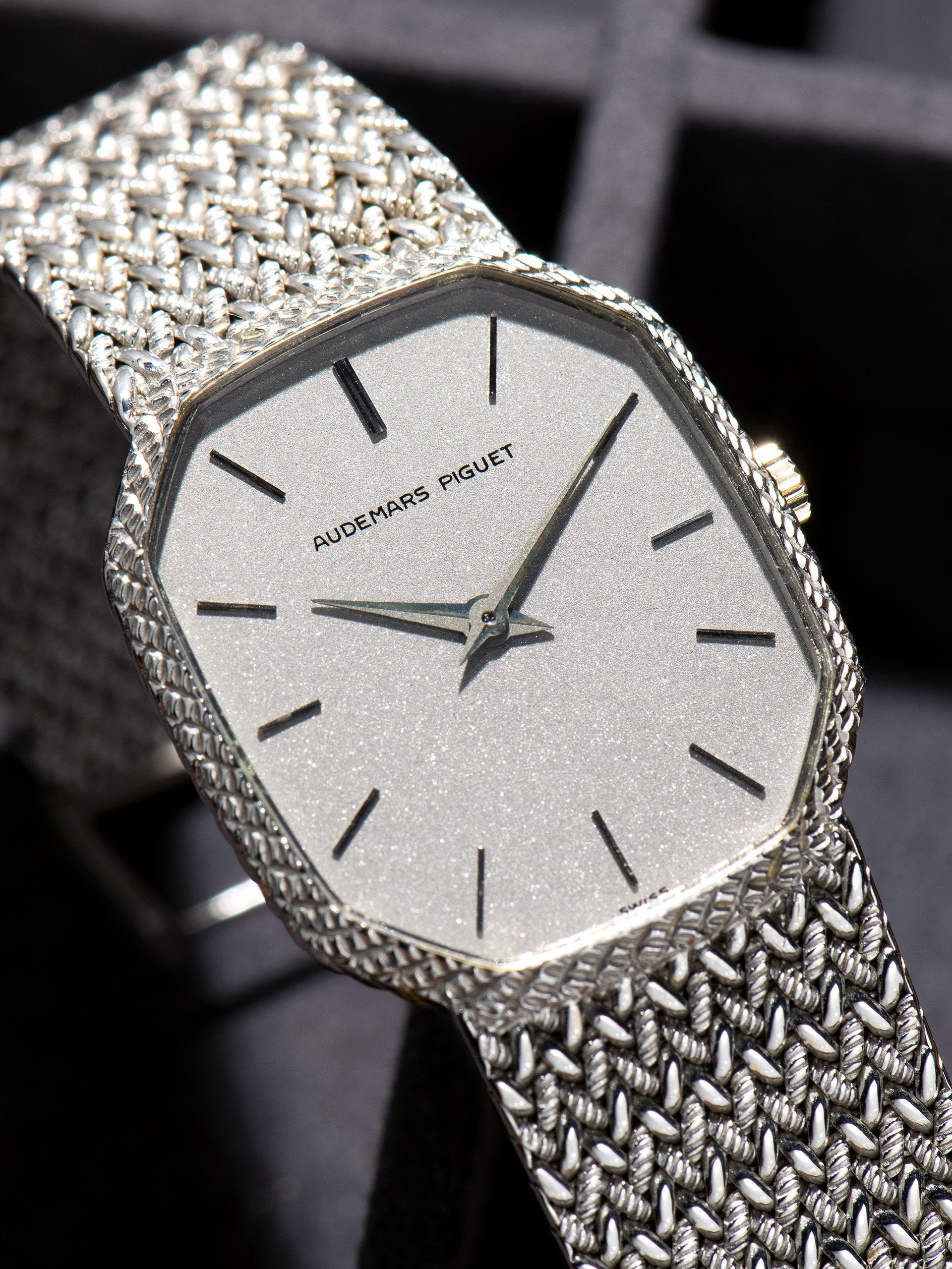 1970s Audemars Piguet Octagonal Dress Watch 18K WG W/ Metallic Silver