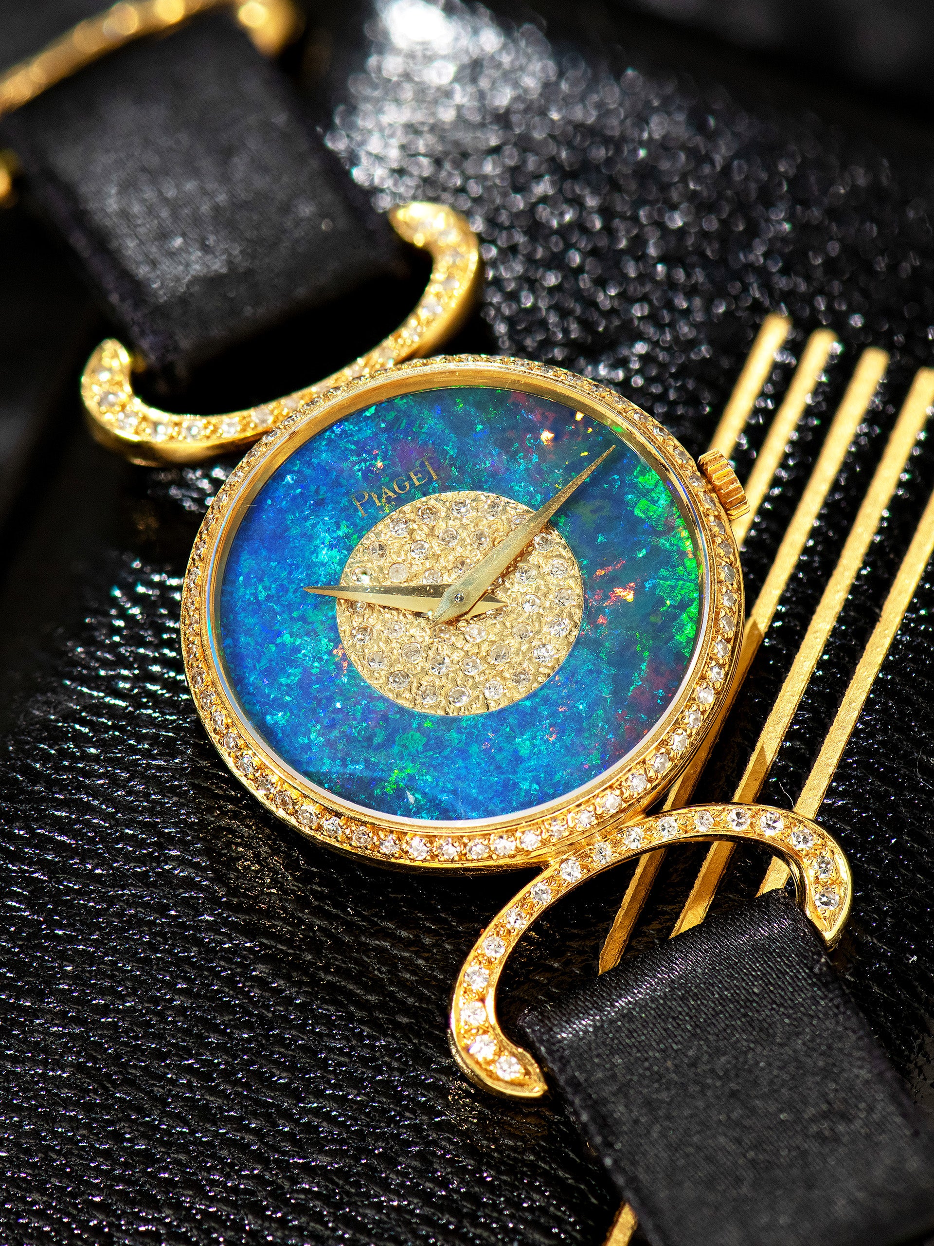 1970s Piaget Cocktail Watch 18K YG (Ref. 9005 DB) Fire Opal & Pave Dia