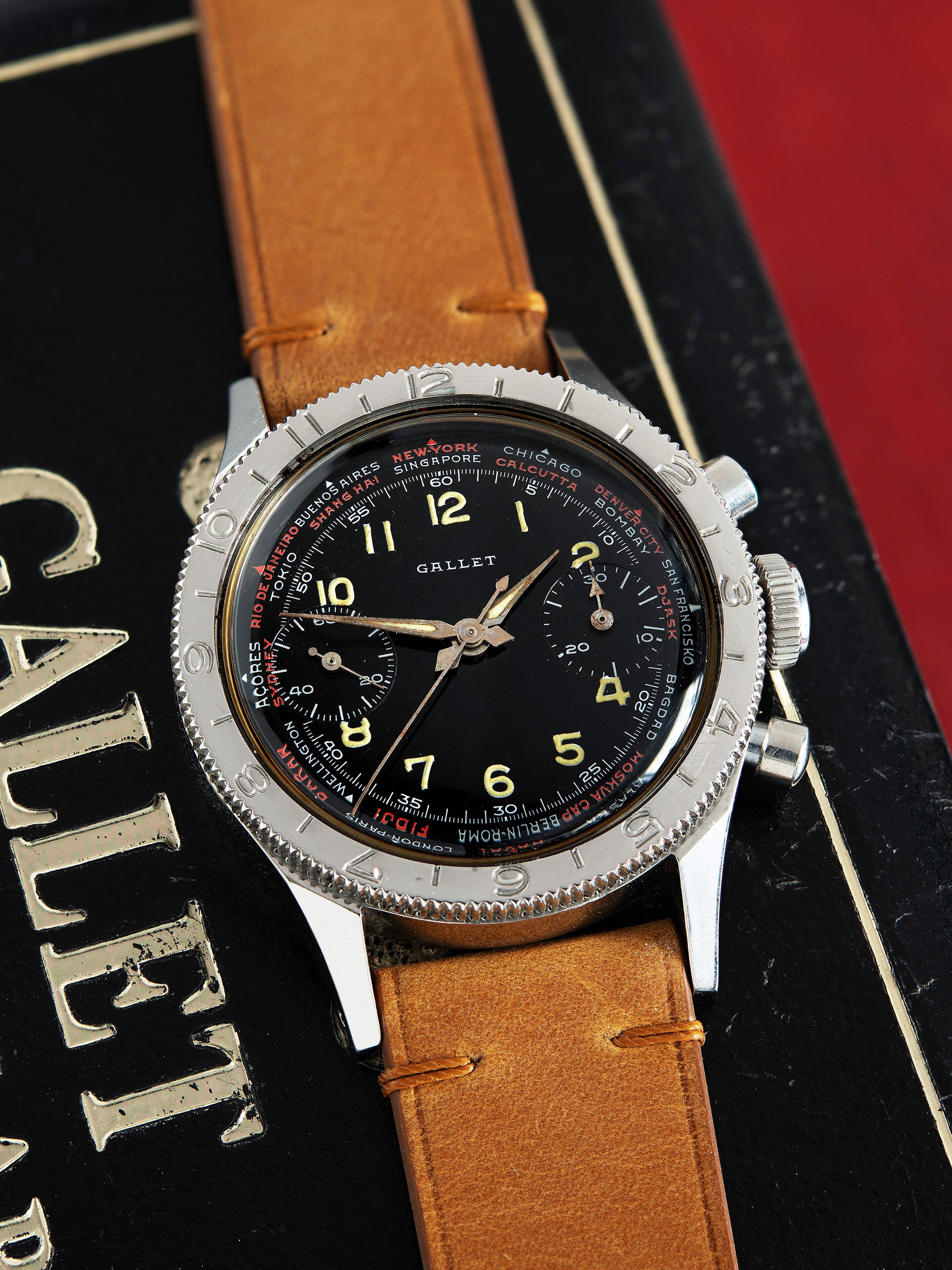 1960s Gallet Flying Officer World Time Clamshell Chronograph W/ Box