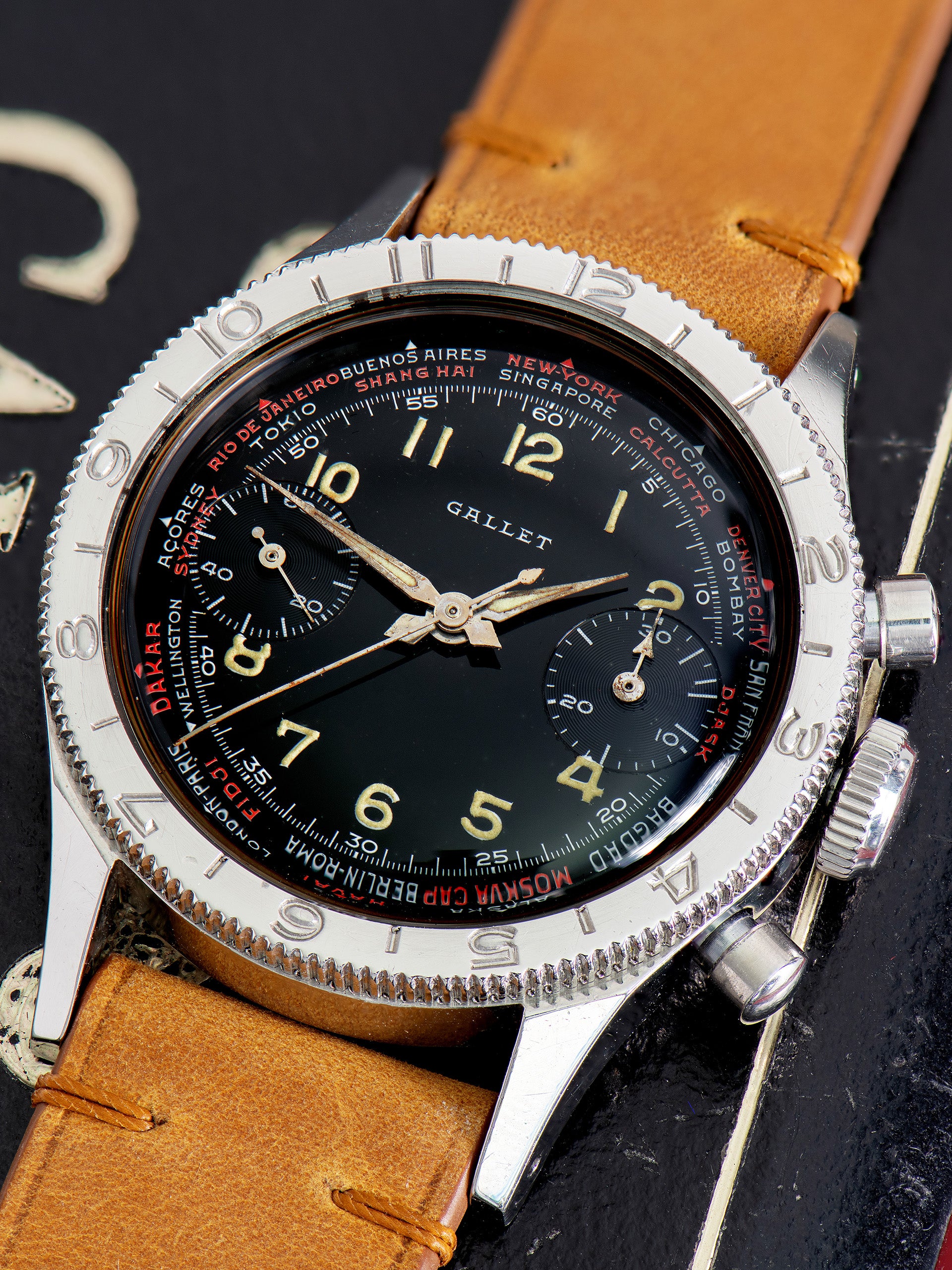 1960s Gallet Flying Officer World Time Clamshell Chronograph W/ Box