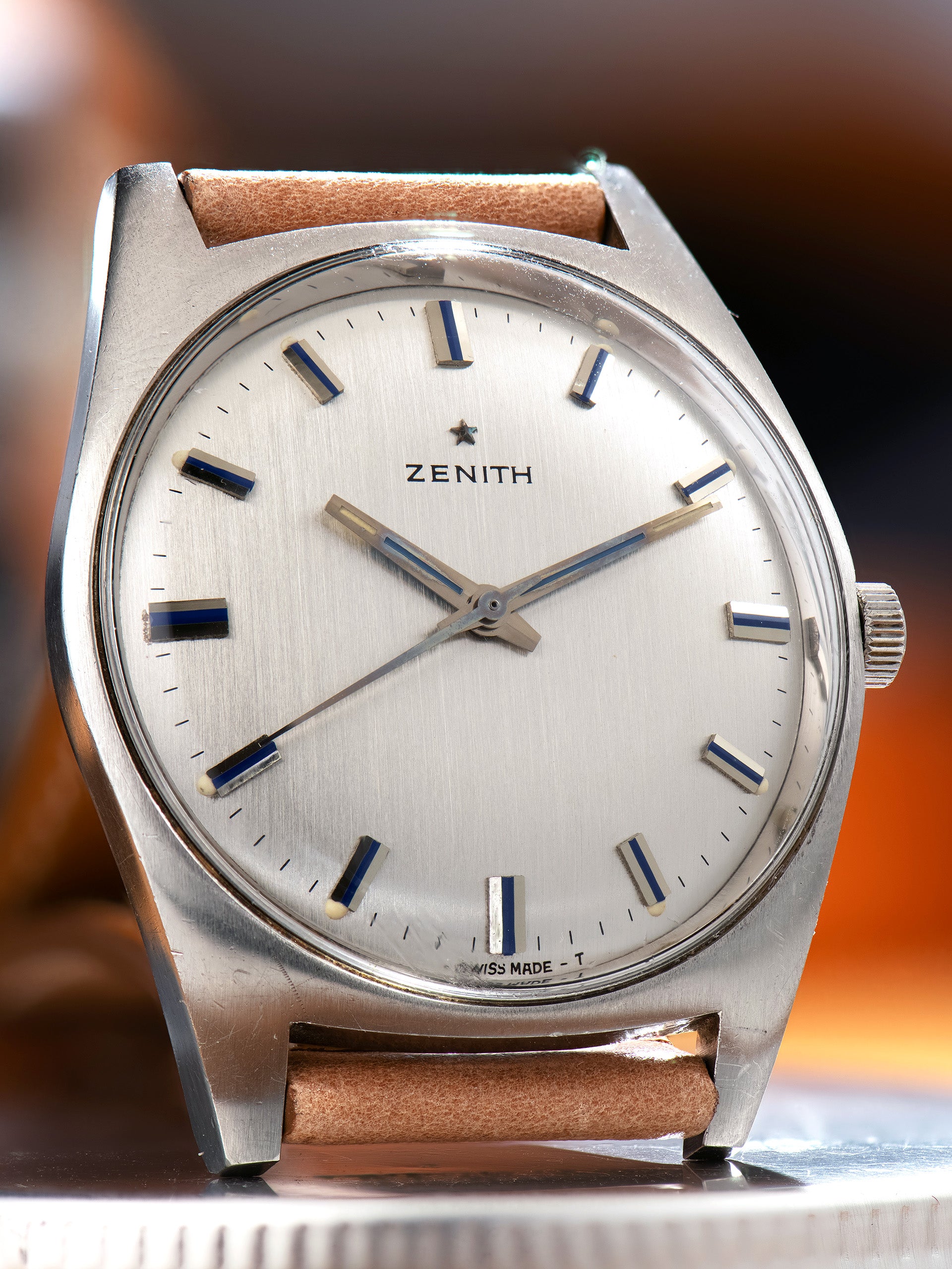 1960s Zenith Stainless Steel Dress Watch W/ Blue Enamel Markers & Hand